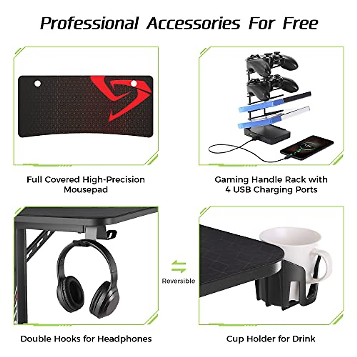 Eureka Ergonomic 60'' Gaming Desk, T-Shaped Carbon Fiber Surface Computer Desk with Free Mouse Pad,Large PC Gamer Desk Gaming Table with USB Handle Rack Cup Holder Headphone Hook,Black