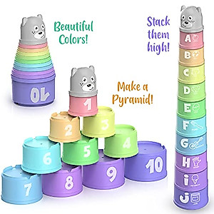 Stacking Cups Toy for Toddler Plus Bonus Squirting Baby Bath Toy & Bear Head Shaker with Numbers, Letters, Patterns, Fun Educational Toys for 6 Months +, 1 2 3 Years