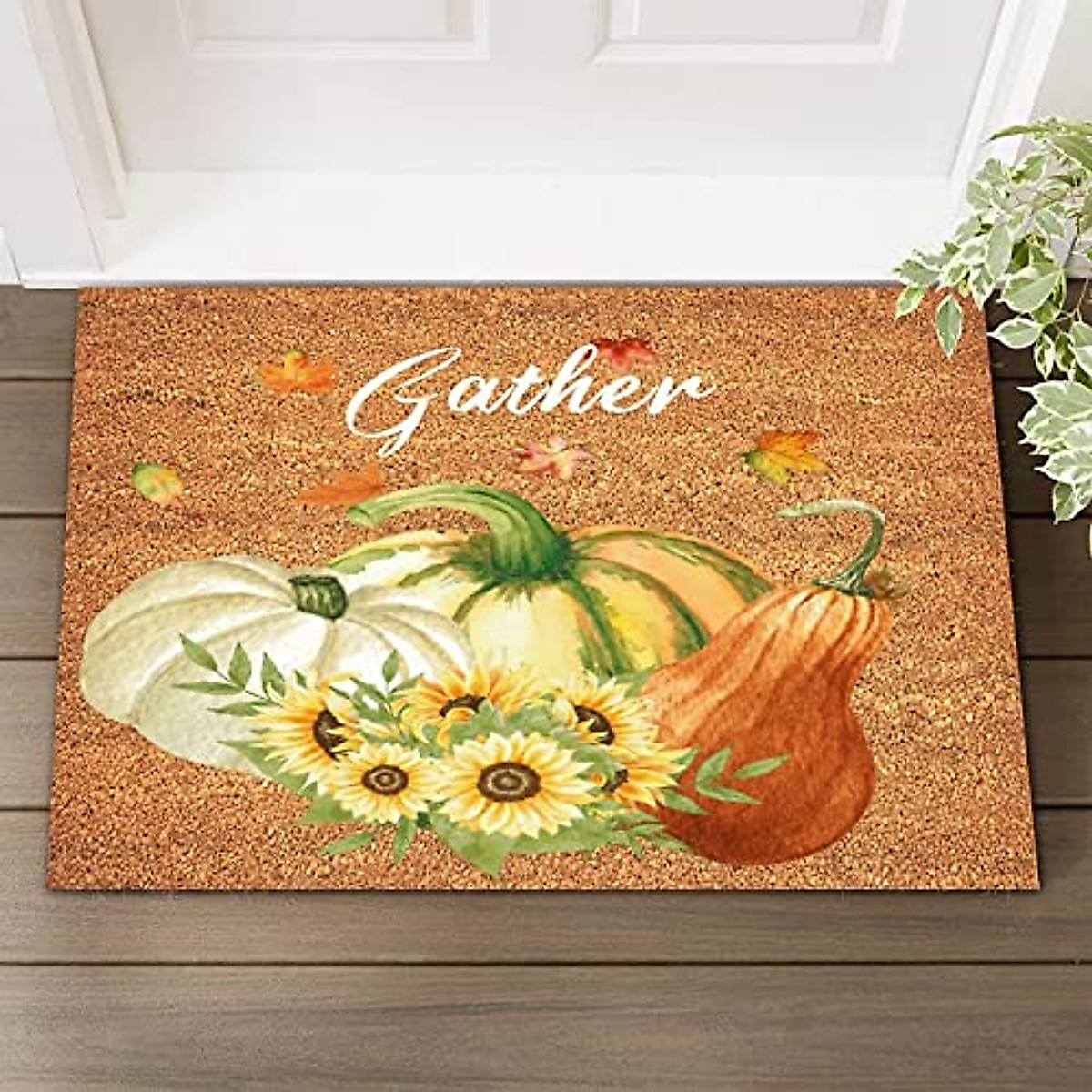 Fall Gather Coir Doormat Weather Resistant Door Mats Outdoor Funny Indoor Outdoor Welcome Front Entrance Doormat Autumn Pumpkin Sunflowers Fall Welcome Mat Front Door Entryway Mats 16x24in