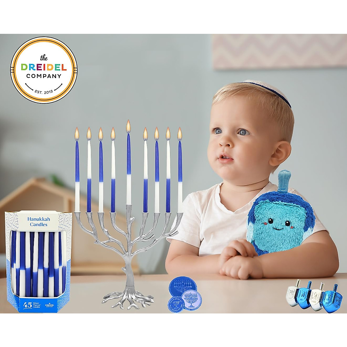The Dreidel Company Deluxe Tapered Hanukkah Menorah Half and Half Navy Blue and White, Candles for All 8 Nights of Chanukah (Single)