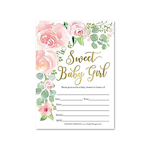 25 Floral Sweet Baby Shower Invitations, 25 Book Request Baby Shower Guest Book Alternative, 25 Baby Shower Diaper Raffle Tickets For Baby Shower Girl, Watercolor Blank Card, Diaper Raffle Cards