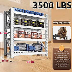 3500LBS Industrial Garage Shelving 4 Tier Heavy Duty Storage Shelves Ccommercial Shelving Adjustable Metal Shelves for Garage/Warehouse 4 Feet Tall Industrial Metal Shelving White,48"W x 18"D x 48"H