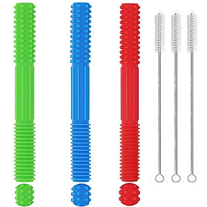 MAXPRO, 3 Pack Sensory Teething Tubes Soft Silicone Teether Toy for Babies with Autism,Biting,Chewing,Oral Motor Needs,Chew Stick for Infant Toddlers Kids, Blue,Green,Red, 6.9 inch*6.5 inch*6.5 Inch
