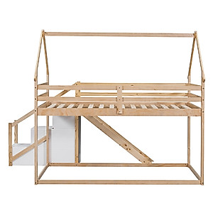 Harper & Bright Designs Twin Over Twin Bunk Bed with Slide and Staircase, House Bunk Bed for Kids, Wood Loft/Bunk Bed Frame with Storage for Kids Teens Boys Girls, (Natural)