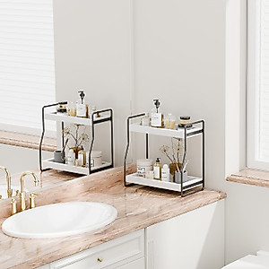 Messmenos Bathroom Organizer Countertop, 2 Tier Solid Wood Vanity Counter Storage Tray, Wooden Stand Organization Shelf for Kitchen&Coffee Bar, Storage Rack for Makeup Perfume Skincare (White)