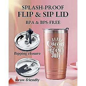 Onebttl Happy Birthday Tumbler for Women, Funny Birthday Gifts for Her, Girlfriend, Friends, Wife, Mom, Daughter, Sister, 20 oz Stainless Steel Cup with Lid, Rose Gold, Queens are Born in July