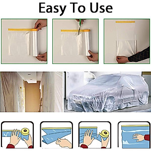 uyoyous 6 Rolls Plastic Painting Film, 9 x 67 ft Pre Taped Masking Paper, Plastic Masking Film, Tape and Drape Painters Paper Rolls for Automotive Furniture Painting Covering