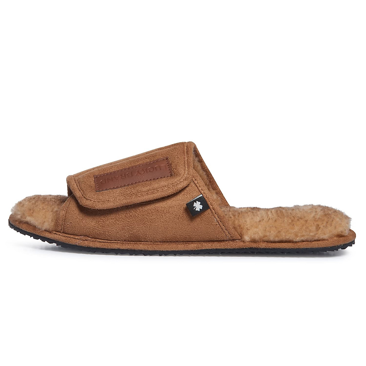 Lucky Brand Mens Microsuede Memory Foam Open Toe Sherpa Slippers, Non Slip Warm Fluffy Fuzzy Indoor House Sliders for Men, Tan, Medium