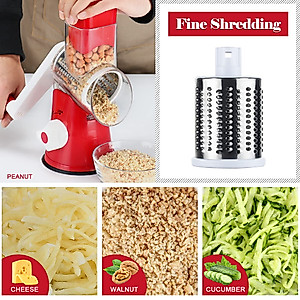 Ourokhome Rotary Cheese Grater Hand Crank, Kitchen Shredder Speed Mandolin Slicer Nut Grinder with Handle and Drum Blades for Cheese, Vegetable, Walnut, Chocolate, Potato, Carrot, 3 Blades, Red