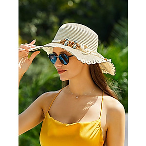 Verdusa Women's Scalloped Wide Brim Straw Sun Hats Boho Beaded Beach Hat Beige One-Size