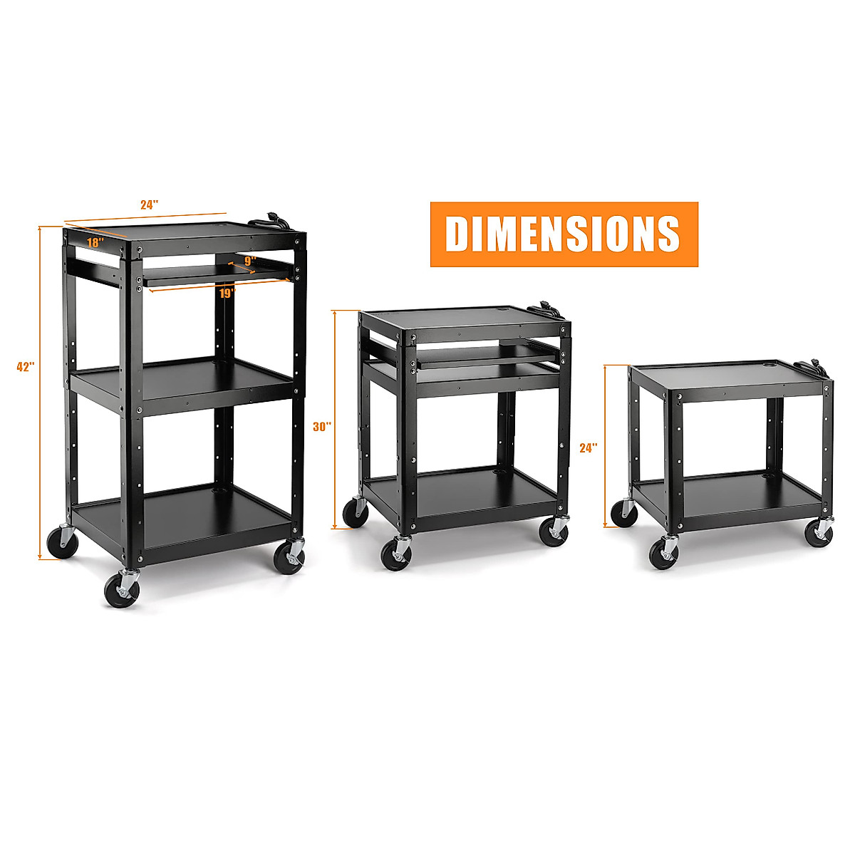 Metateel AV Presentation Cart Stand for Video Projector,TV,Laptop Computers,Printers,Metal Construction Rolling Cart with Adjustable Shelves,4 Wheels,4 Outlets, 5.75ft Cord,Support 300 lbs,Black