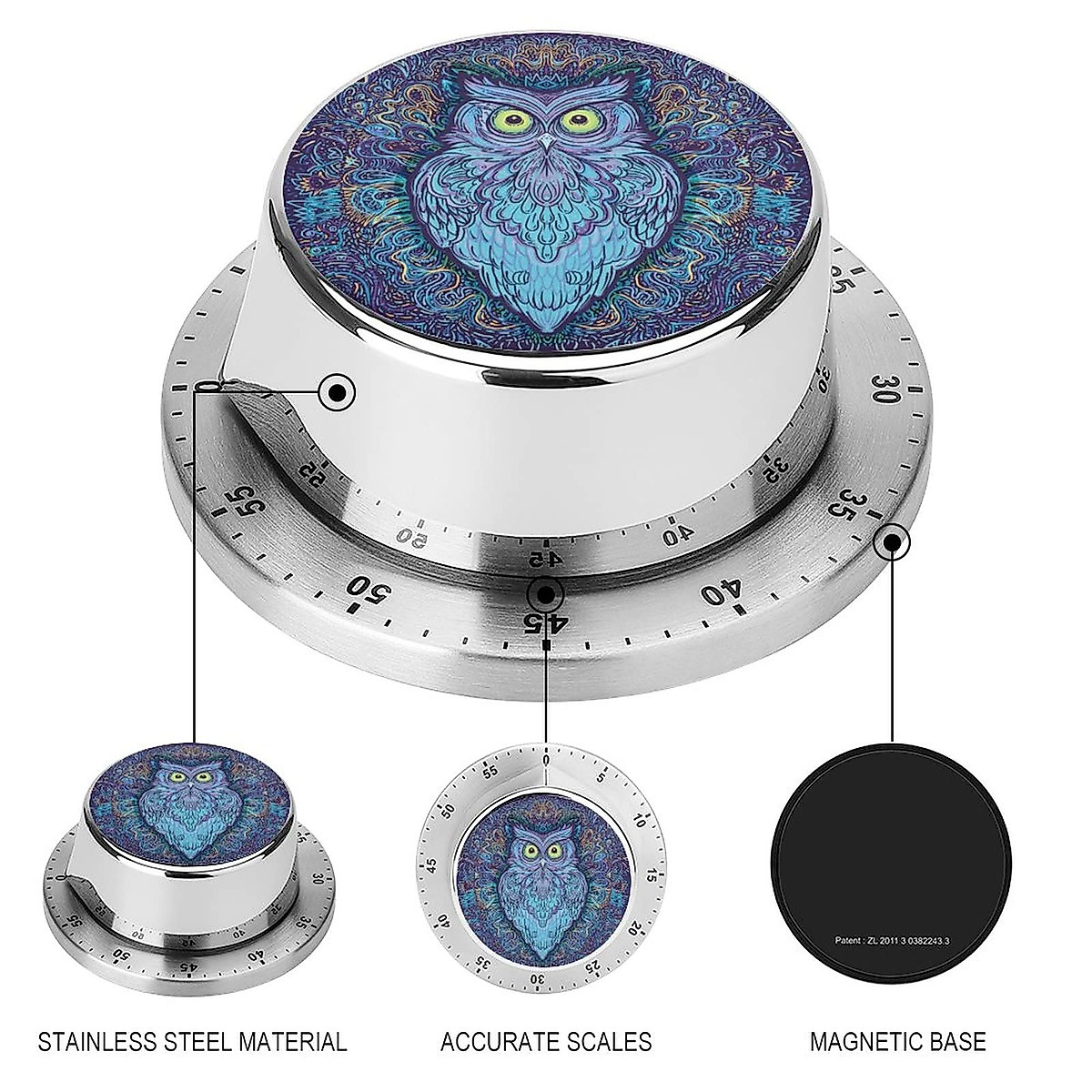Kitchen Timer, Kitchen Timers for Cooking, Kitchen Timer Magnetic, Trippy Owl Psychedelic Mandala Pattern Waterproof Time Timer Stainless Steel Multiuse for Home Baking Cooking Oven
