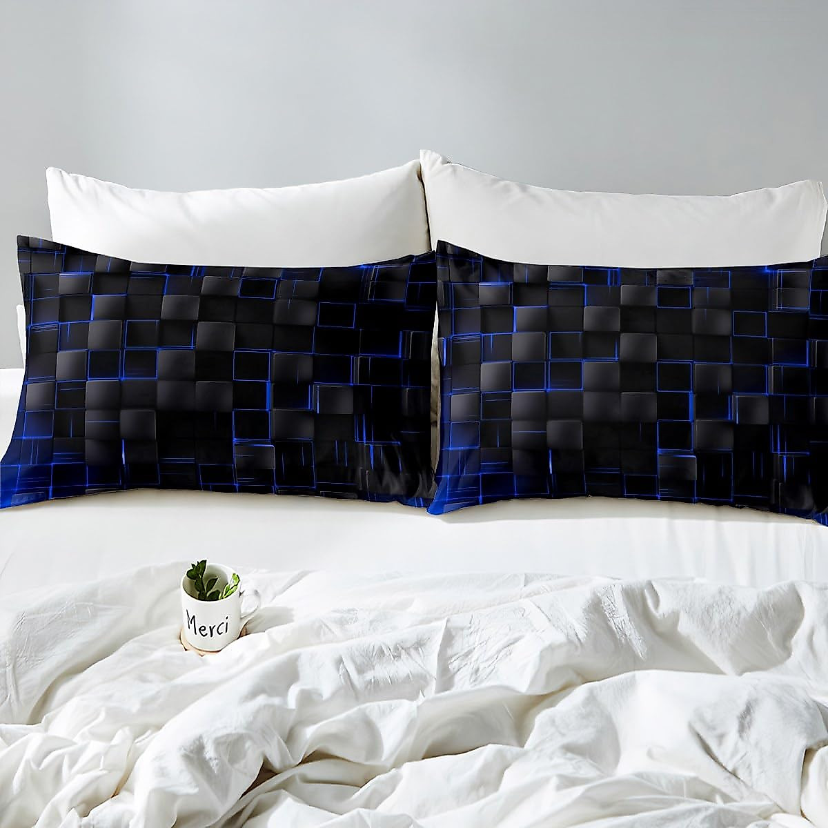 Geometric Grid Duvet Cover Set Queen Size, Royal Blue and Black Checkered Bedding Cover, Men Women Room Decor, Modern Abstract Check Plaid Square Bed Sets for All Season, 2 Pillowcases, No Comforter