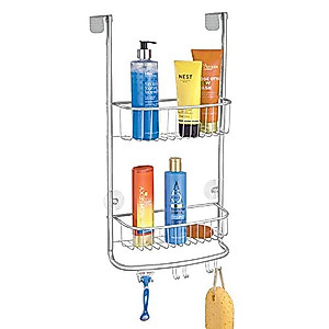 mDesign Over Door Shower Caddy – Practical Metal Shower Shelves with no Drilling Required – Hanging Shower Storage Baskets for All Shower Accessories on 2 Tiers – Chrome