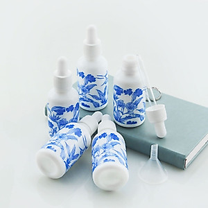 Wwolife 4 PCS 1 2/3oz (50ml) Blue and White Porcelain Ceramic Dropper Bottles Perfume Aromatherapy Cosmetic Container Essential Oils Sample Empty Dropper Bottles with Funnel Include