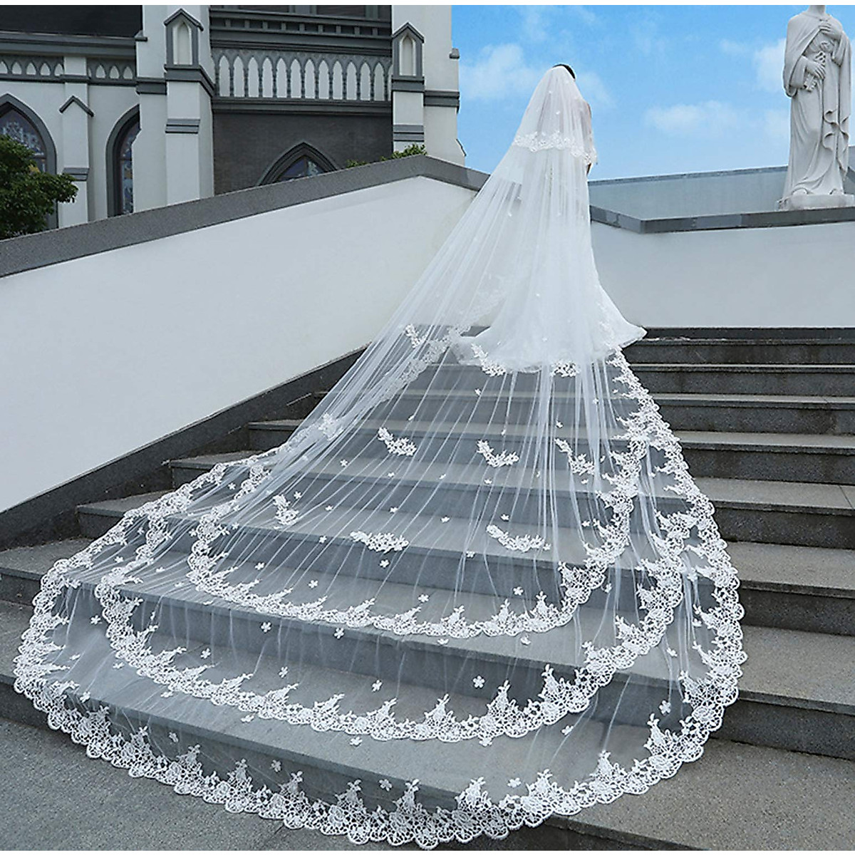 NCDIMS Wedding Veils Long for Brides 2 Tier Triple Lace Edge Long Blusher with Comb