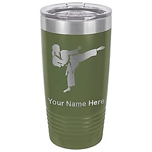 LaserGram 20oz Vacuum Insulated Tumbler Mug, Karate Woman, Personalized Engraving Included (Camo Green)