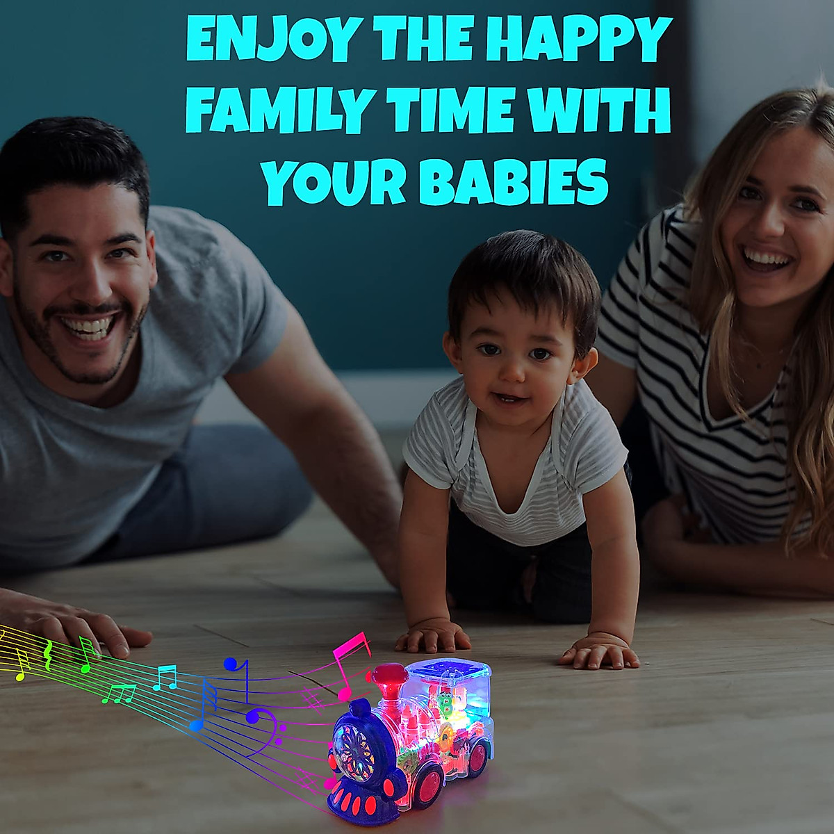 Tooty Toy Transparent Train Toy - Fun and Interactive Electric Train Toy for Kids - Music Train with LED Light up - Colorful Moving Gears -Tummy Time Crawling Baby Toys for Boys Girls