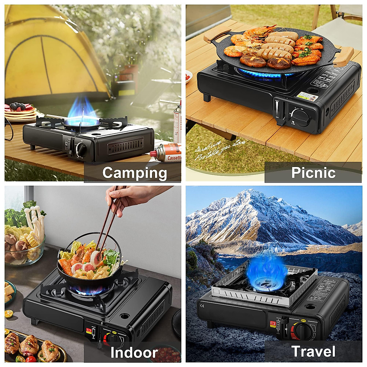 Portable Camping Stove, Propane and Butane Dual Fuel Camping Stove, Including Electronic Ignition, Brass Burner, Suitable for Camping and Hiking | Emergency Cooking Stove