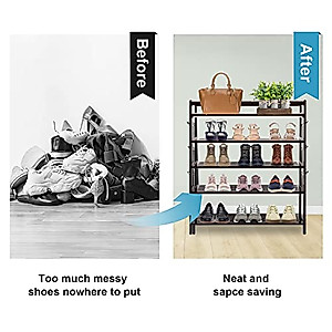 kinbor 5 Tier Shoe Rack Storage Organizer - Bamboo Shoe Shelf with 12 Hanging Bars and Removable Top Shelf for Living Room, Hallway, Entryway, Balcony, Dark Brown