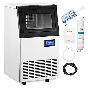 Commercial Ice Maker Machine, Freestanding/Under Counter Stainless Steel Ice Machine, 90Lbs/24 Hour with 30Lbs Ice Storage Capacity, Self Cleaning, Ideal for Restaurant/Bar/Cafe/Shop/Home/Office