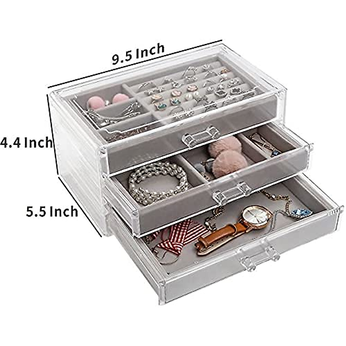 Cq acrylic Earring Jewelry Organizer with 3 Drawers Clear Acrylic Jewelry Box for Women,Stackable Velvet Earring Display Case Earrings Ring Bracelet Necklace Holder Gift for Women, Grey