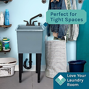 Space Saver Utility Sink by JS Jackson Supplies, Pull-Out Faucet, Soap Dispenser, Grey Tub with Black Faucet