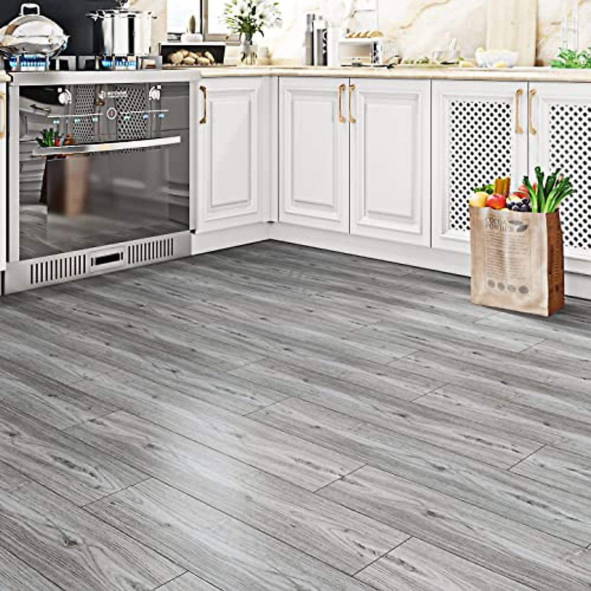 Livelynine 4-Tiles 6X36 Natural Grey Wood Vinyl Flooring Waterproof Peel and Stick Floor Tile Wood Look Vinyl Plank Flooring Removable Laminate Flooring Planks Tiles for Bathroom Kitchen Floors