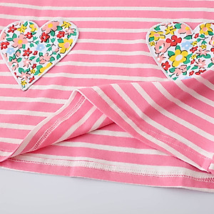 HILEELANG Little Girls Cotton Long Sleeve Casual Pink Stripe Cartoon Appliques Striped Jersey Dresses 5T