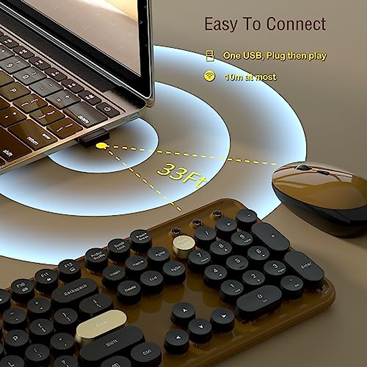 Links9+ Wireless Keyboard and Mouse Combos, Retro Keyboard and Mouse Wireless Full Size, 2.4Ghz Connection and Optical Mouse for Windows, Mac, PC, Laptop for Home and Office (Coffee-Black)