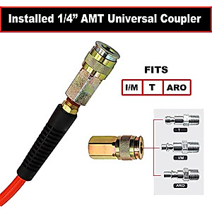 EADUTY Hybrid Air Hose 1/4 In. x 50 ft, Heavy Duty, Lightweight, Flexible Compressor Hose with AMT Universal Quick Coupelr and Ball Swivel Plug, Orange