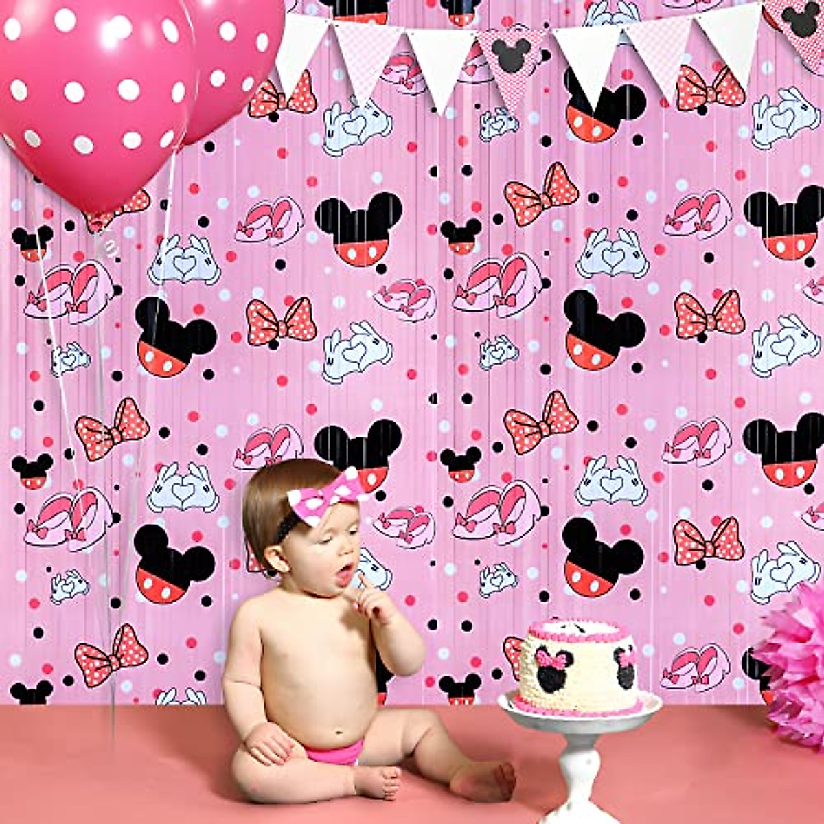 Bupelo Minnie Birthday Party Supplies, 2 Pack Minnie Tinsel Foil Fringe Curtains, Minnie Themed Patterns Photo Booth Prop Backdrop Streamer, Minnie Birthday Party Decorations, Room Decor for Kids