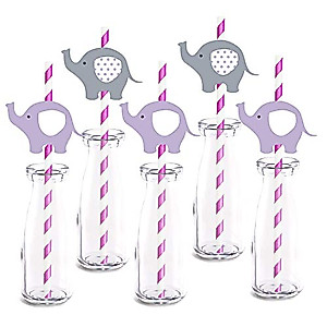 Purple Elephant Party Straw Decor, 24-Pack Girl Baby Shower Birthday Party Supply Decorations, Paper Decorative Straws
