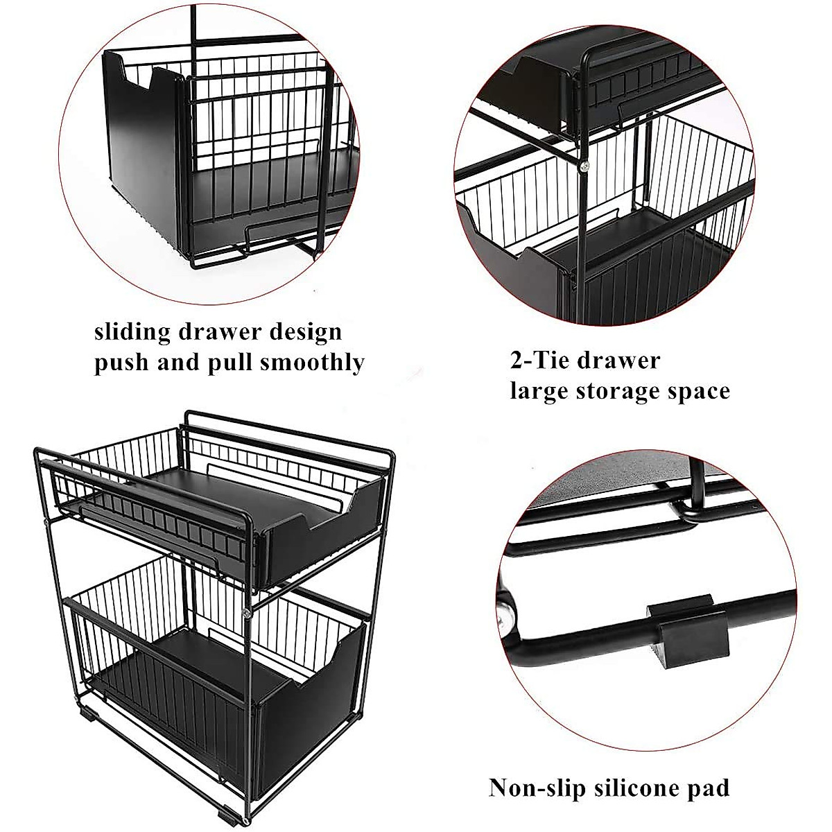 KirinRen Stackable 2-Tie Under Sink Cabinets Organizer With Sliding Storage Drawer, Pull Out Cabinets Organizer Shelf, Sliding Basket Organizer Drawer For Kitchen, Bathroom, Office (white)