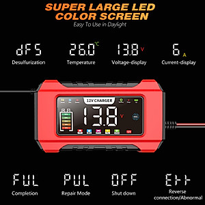 YONHAN Battery Charger 6Amp Smart Car Battery Trickle Charger Automotive with LED Color Display, 12V Battery Maintainer Desulfator for Car, Truck, Motorcycle, Lawn Mower & Marine Lead Acid Batterie