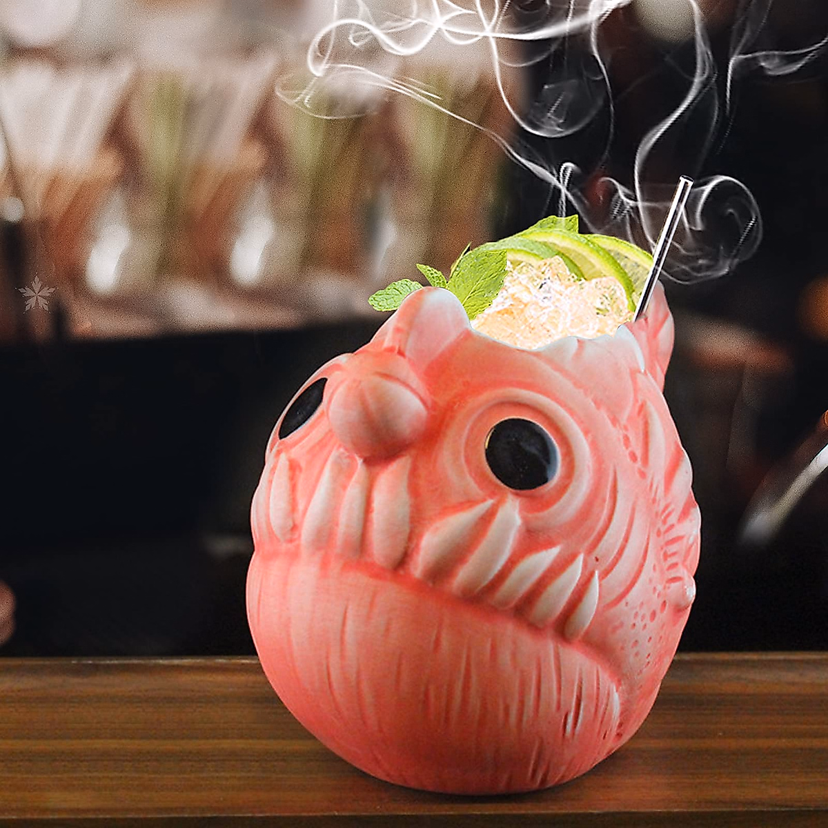 INFTYLE Tiki Mugs Fish Cocktail Tiki Cups 22oz/650ml Set of 2 Creative Red Tiki Glasses Tiki Bar Glasses Large Ceramic Hawaiian Themed Tropical Tiki barware for Party Barware