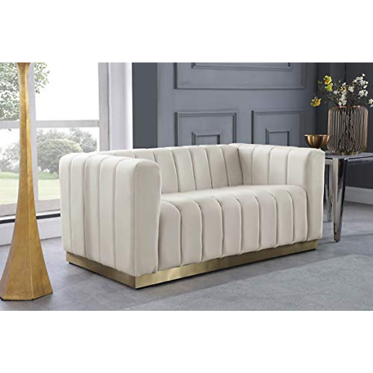 Meridian Furniture 603Cream-L Marlon Collection Modern | Contemporary Velvet Upholstered Loveseat with Deep Channlel Tufting and Brushed Gold Finish, Cream, 62.5" W x 34" D x 28" H