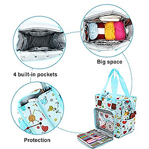 SumDirect Yarn Bag, Knitting Organizer Tote Bag Portable Storage Bag for Yarns, Carrying Projects, Knitting Needles, Crochet Hooks, Manuals and Other Accessories (Cute Blue)