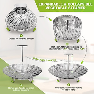Pavsrmy Steamer Basket, 3rd Generation Stainless Steel Vegetable Steamer with Extendable Handle for Cooking Food, Folding & Expandable Veggie Steamer Insert, Fit Various Size Instant Pot (5.5" to 9")