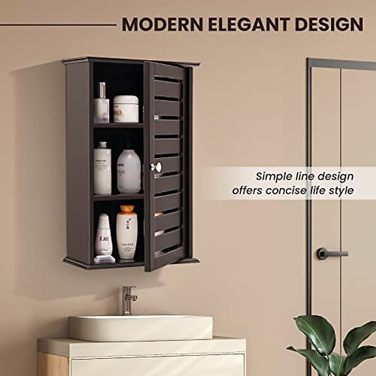 COSTWAY Wall Mounted Bathroom Cabinet, Wooden Storage Cabinet with 2 Adjustable Shelves and Reversible Door, Versatile Hanging Medicine Cabinet for Living Room, Kitchen, Entryway (Brown)