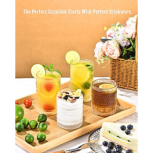 ISMASOAN Vintage Drinking Glasses Set of 8,Hobnail Glassware 14 oz and 12 oz,Bubble Glasses Drinking,Vintage Glassware,Beaded Glassware,Highball Glasses,Gift Box Set