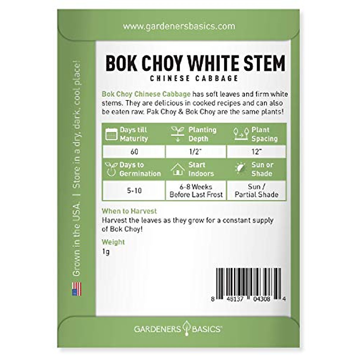 Bok Choy Chinese Cabbage Seeds for Planting - (Pak Choi) Heirloom, Non-GMO Vegetable Variety- 1 Gram Seeds Great for Summer, Spring, Fall and Winter Gardens by Gardeners Basics