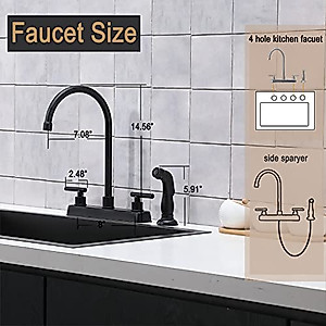 HOTIS Modern Matte Black 3 Hole 4 Hole Deck Mount Kitchen Faucet with Side Sprayer, Stainless Steel, 2 Handle, High Arc Swivel for RV Camper Sink