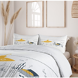 Ambesonne Yellow Submarine Duvet Cover Set, Submarine Fish and a Treasure Chest on The Sea Bottom Print, Decorative 3 Piece Bedding Set with 2 Pillow Shams, California King, White and Earth Yellow