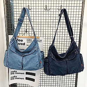 Nanwansu Denim Shoulder Bag Casual Style Canvas Bag Retro Travel Shopper Crossbody Handbag Hobo Tote Bag for Women Dark Blue