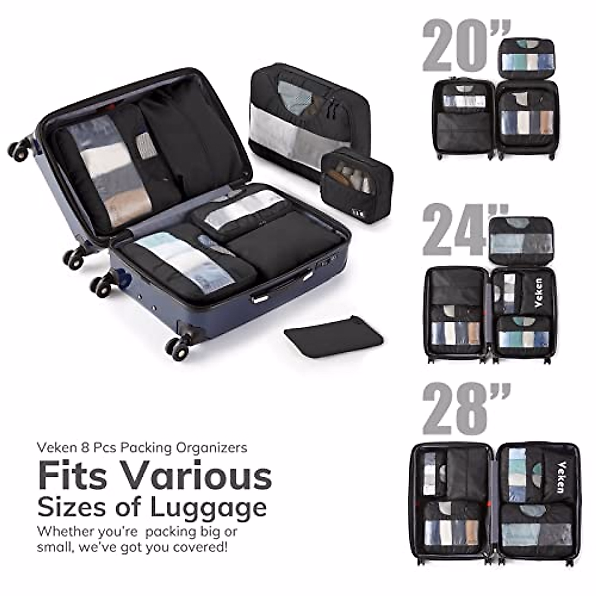 Veken 8 Set Packing Cubes for Suitcases, Travel Bag Organizers for Carry on, Luggage Organizer Bags Set for Travel Essentials Travel Accessories in 4 Sizes(Extra Large, Large, Medium, Small), Black