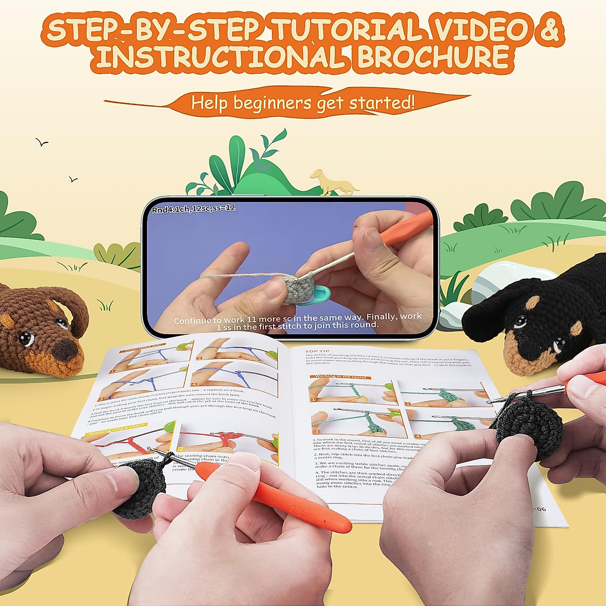 Crochet Kit for Beginners - 2 PCS Dachshund Crochet Kit with Step-by-Step Video Tutorials, Beginner Crochet Kit for Adults, Crochet Animal Kit for Kids, Dog Crocheting Set (Brown & Black)