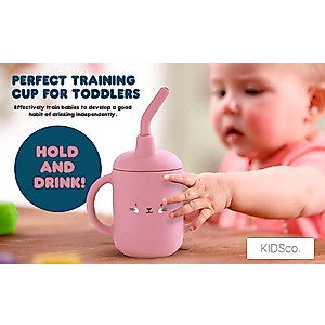 KIDSco. Silicone Baby Cup with Straw (Crocodile) - Sippy Cup for 1 Year Old - Unbreakable Toddler Cups Spill proof - 100% Silicone Training Cup for Infants+toddlers - Sippy Cup with Handles