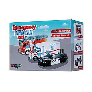Dazmers Friction Powered City Hero Play Set Including Fire Engine Truck, Ambulance, Police Car for Kids, Boys and Girls - 3-Pack Emergency Vehicles with Light and Sound