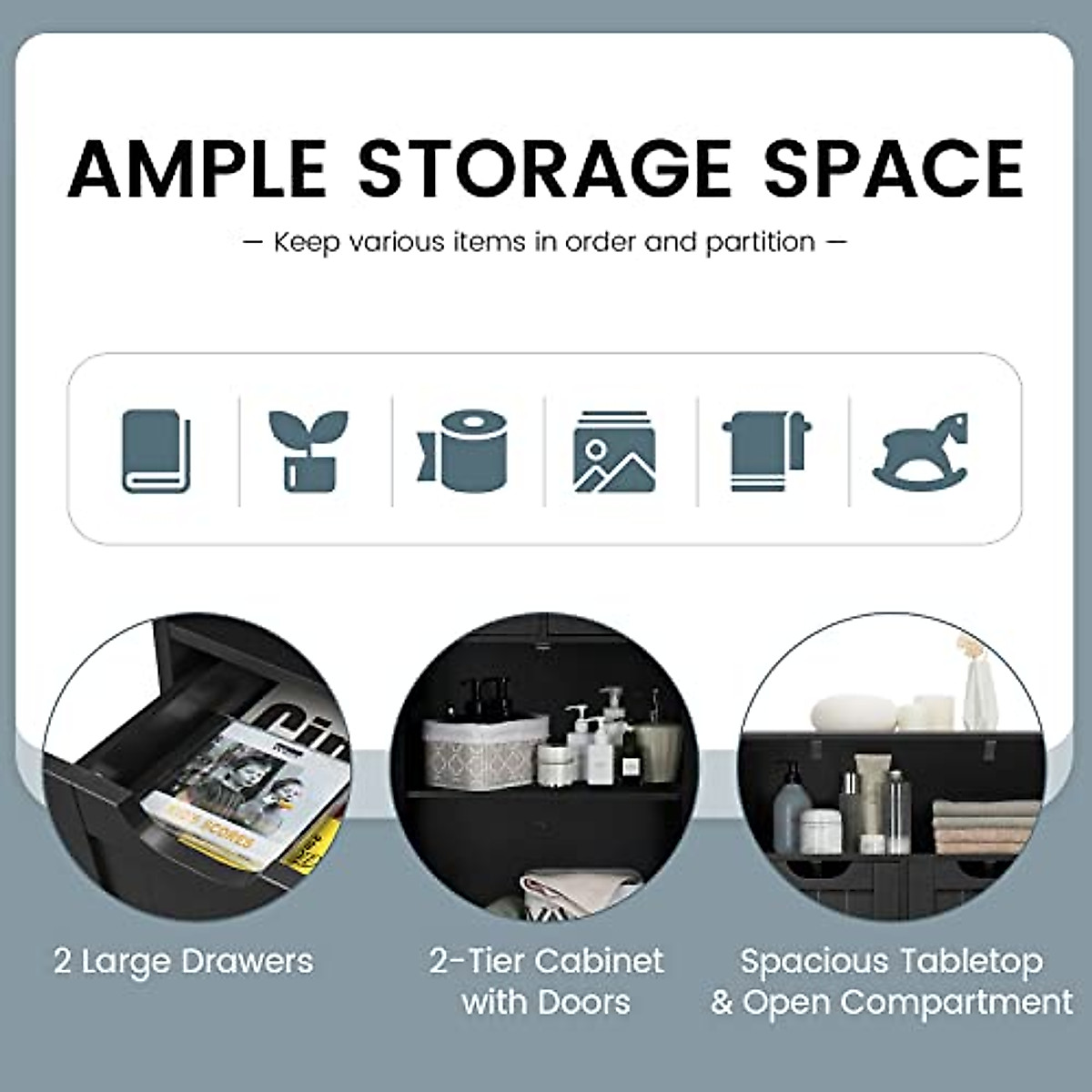 COSTWAY Bathroom Storage Cabinet, Freestanding Storage Organizer with 2 Drawers & Adjustable Shelf, Wooden Floor Cabinet for Living Room, Bedroom, Kitchen, Entryway (Black)